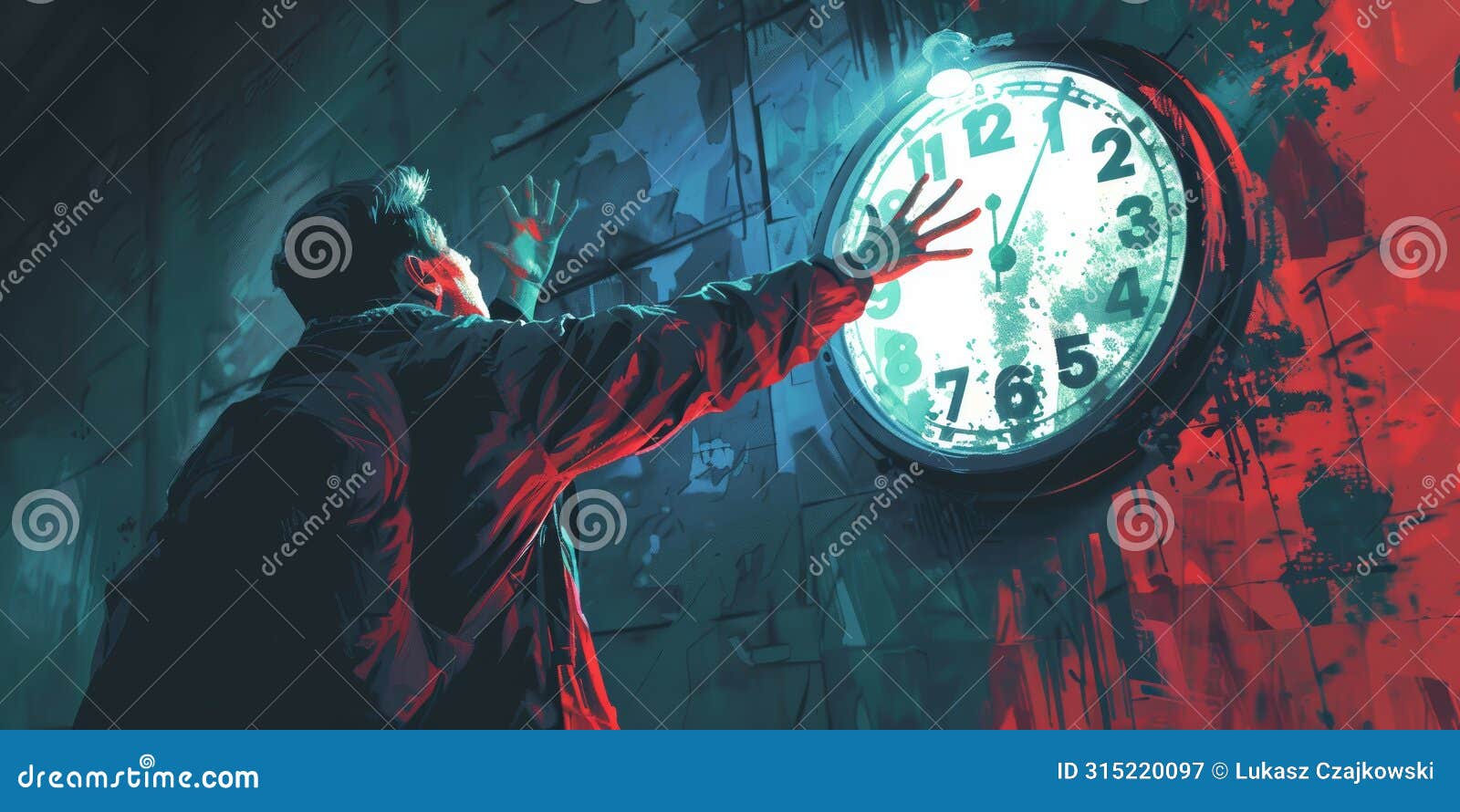 Man Reaching Up To Clock on Wall. Generative AI Stock Illustration ...
