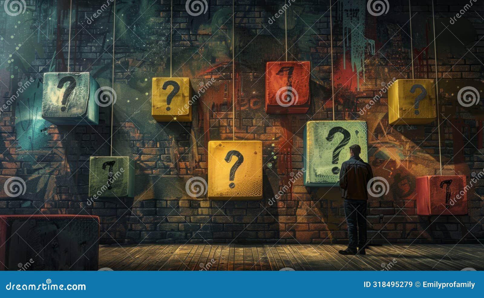 Man Standing in Front of Wall of Question Marks Stock Image - Image of ...