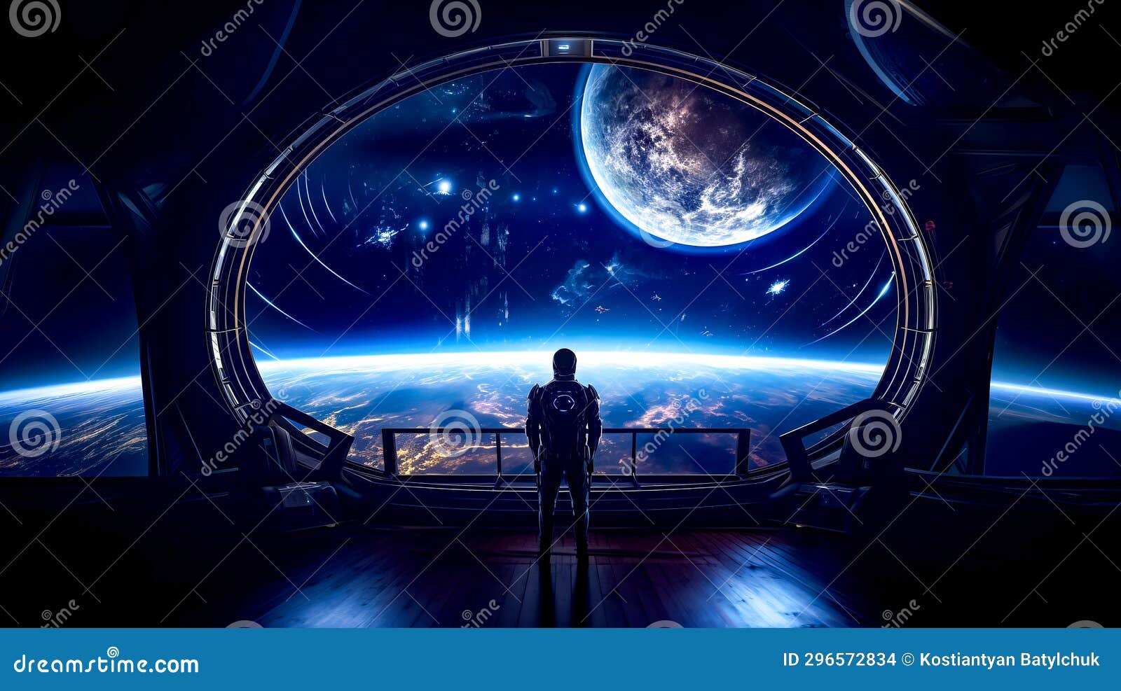Man Standing in Front of Window Looking Out at Space Station ...