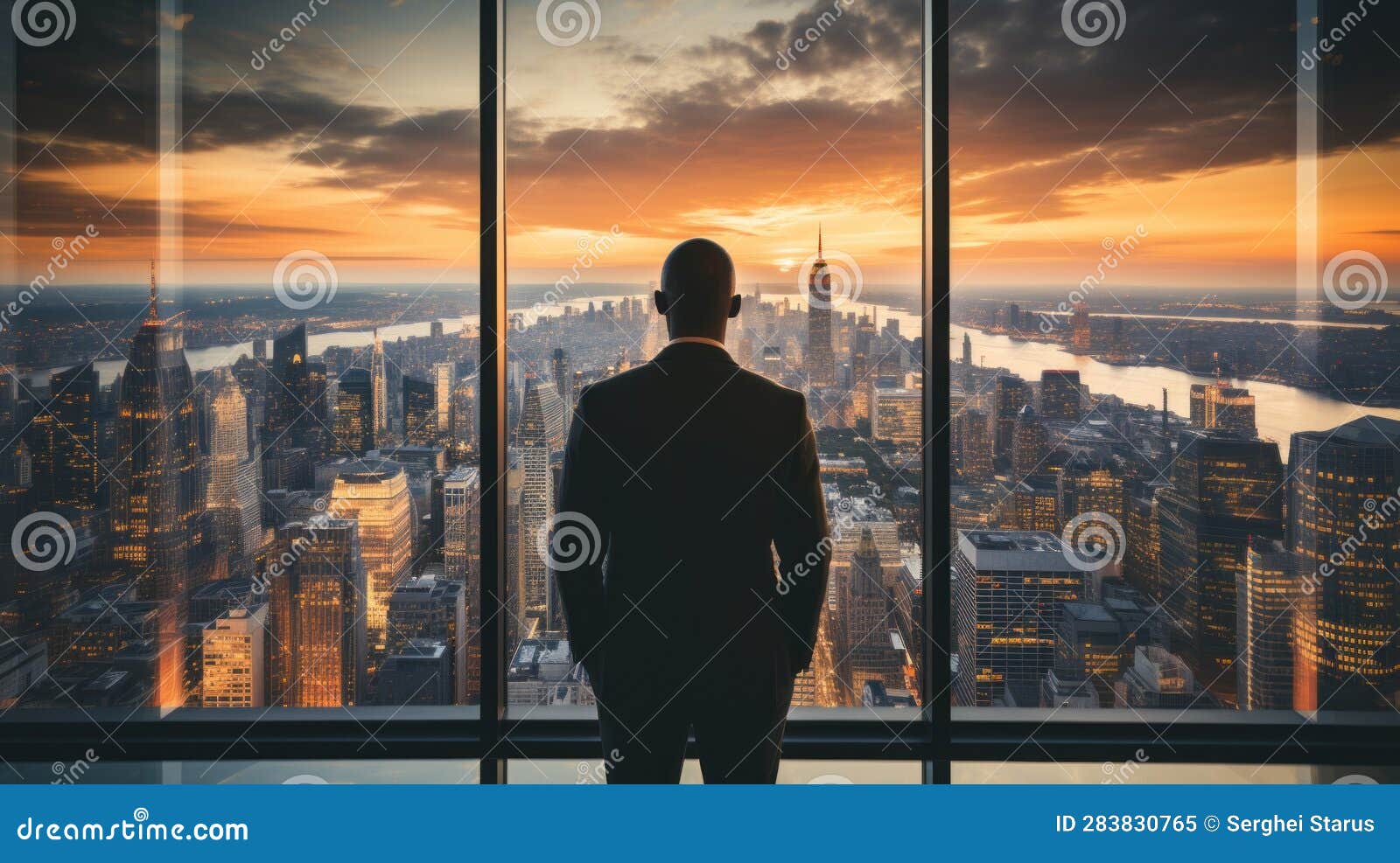 A Man Standing in Front of a Window Overlooking a City. Generative AI ...