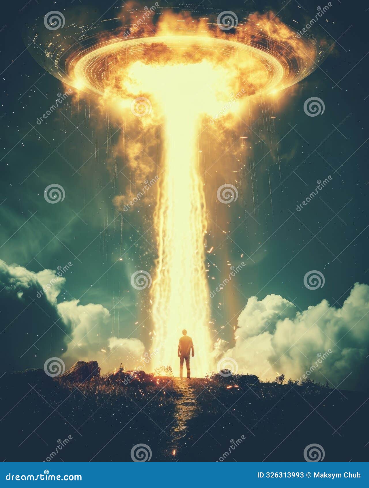 Man Standing before Glowing Vortex in Cloudy Sky, Alien Invasion ...