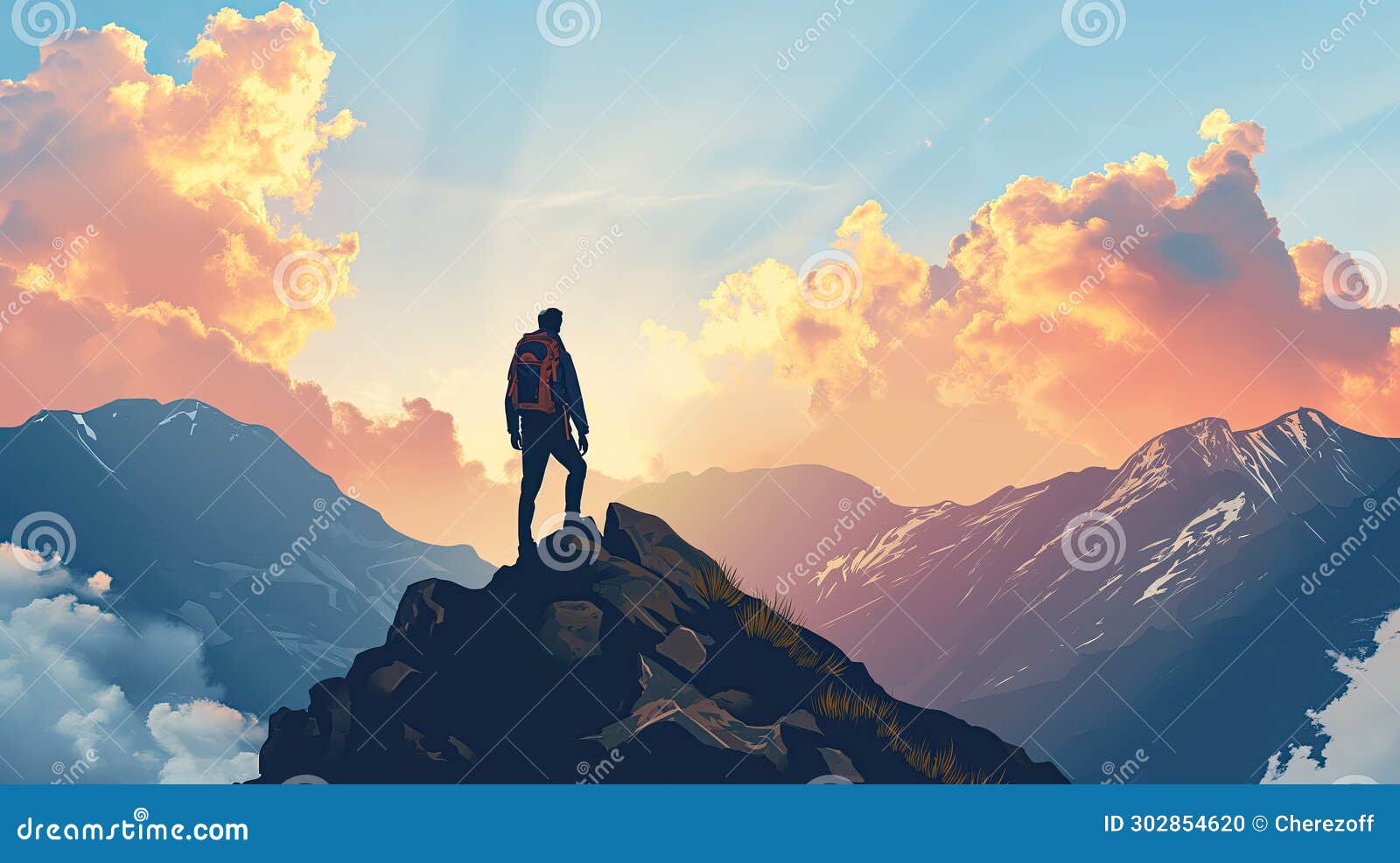 Man Standing on High Mountain at Dawn Stock Illustration - Illustration ...