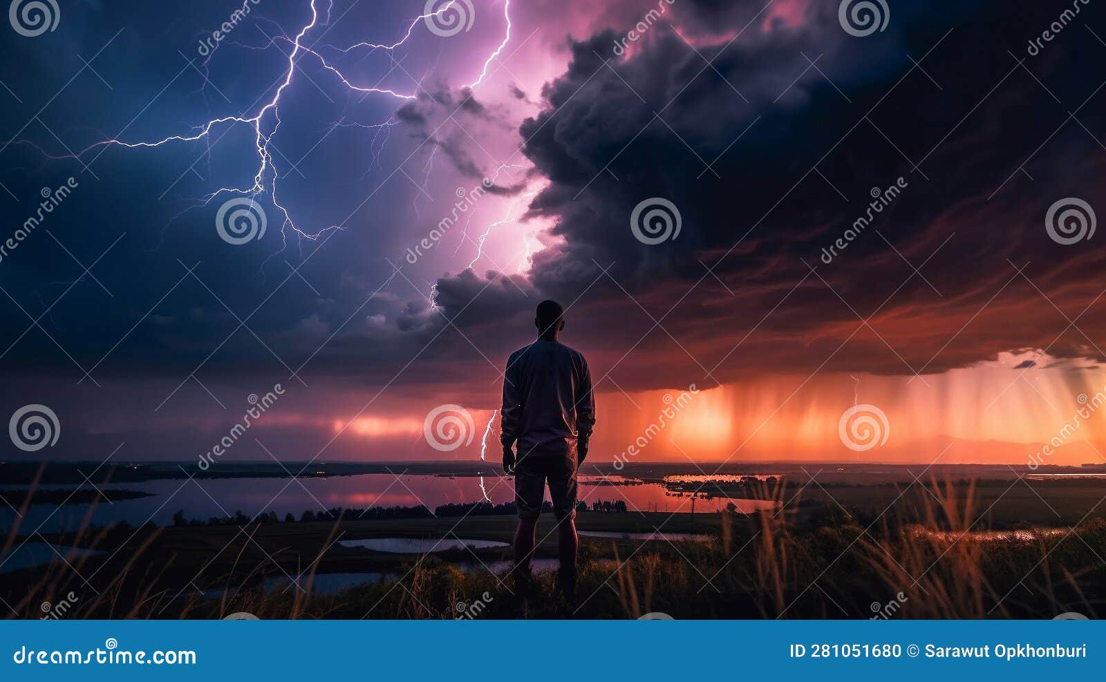 Man Standing with His Back Looking at the Colorful Lightning ...
