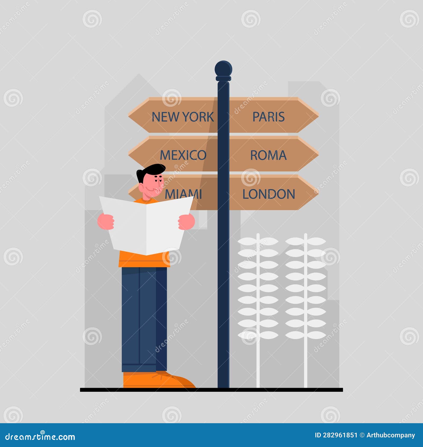 Man Standing and Holding Map, Looking for Right Direction Stock Vector ...