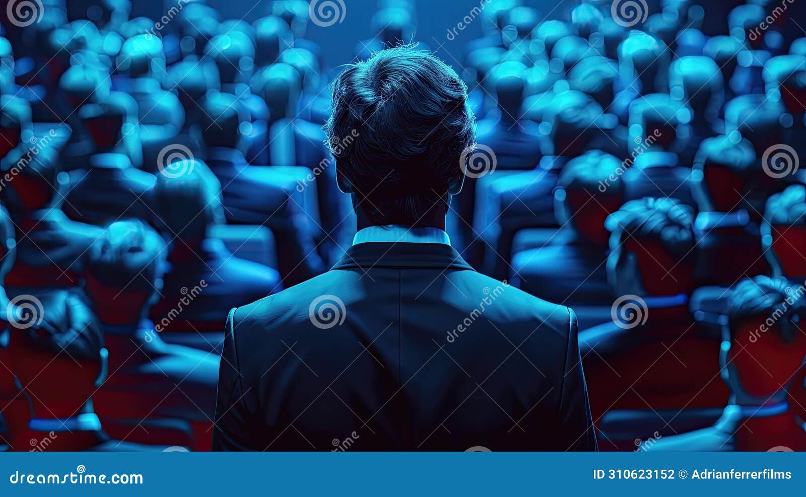Man Standing before an Illuminated Blue Audience. Stock Illustration ...
