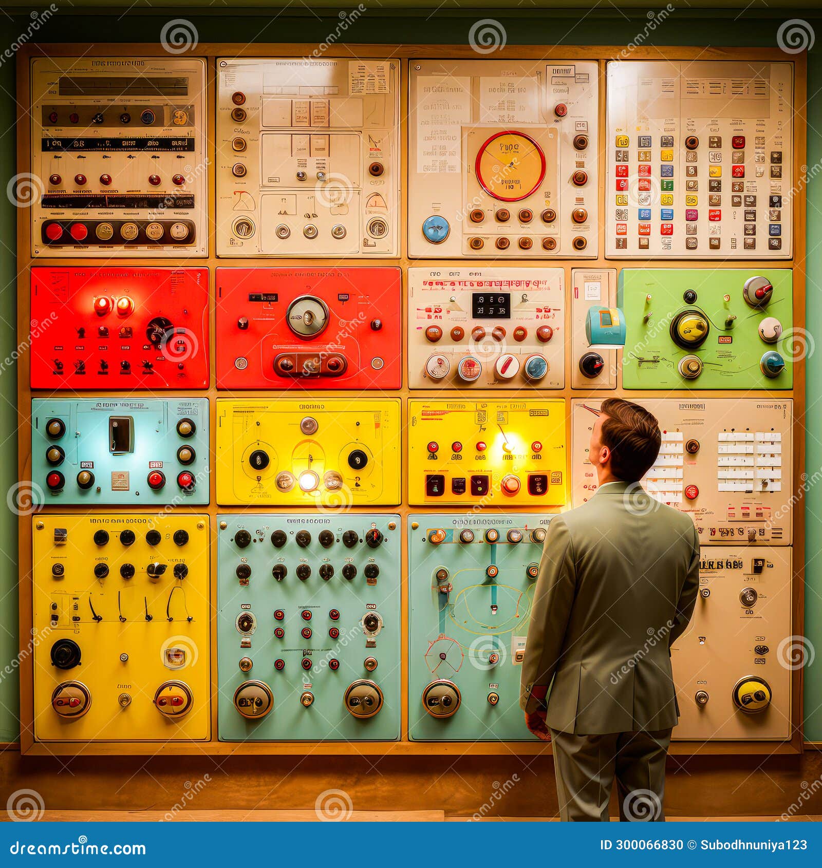 Man Standing Infornt of a Control Panels of Different Colors and Style ...