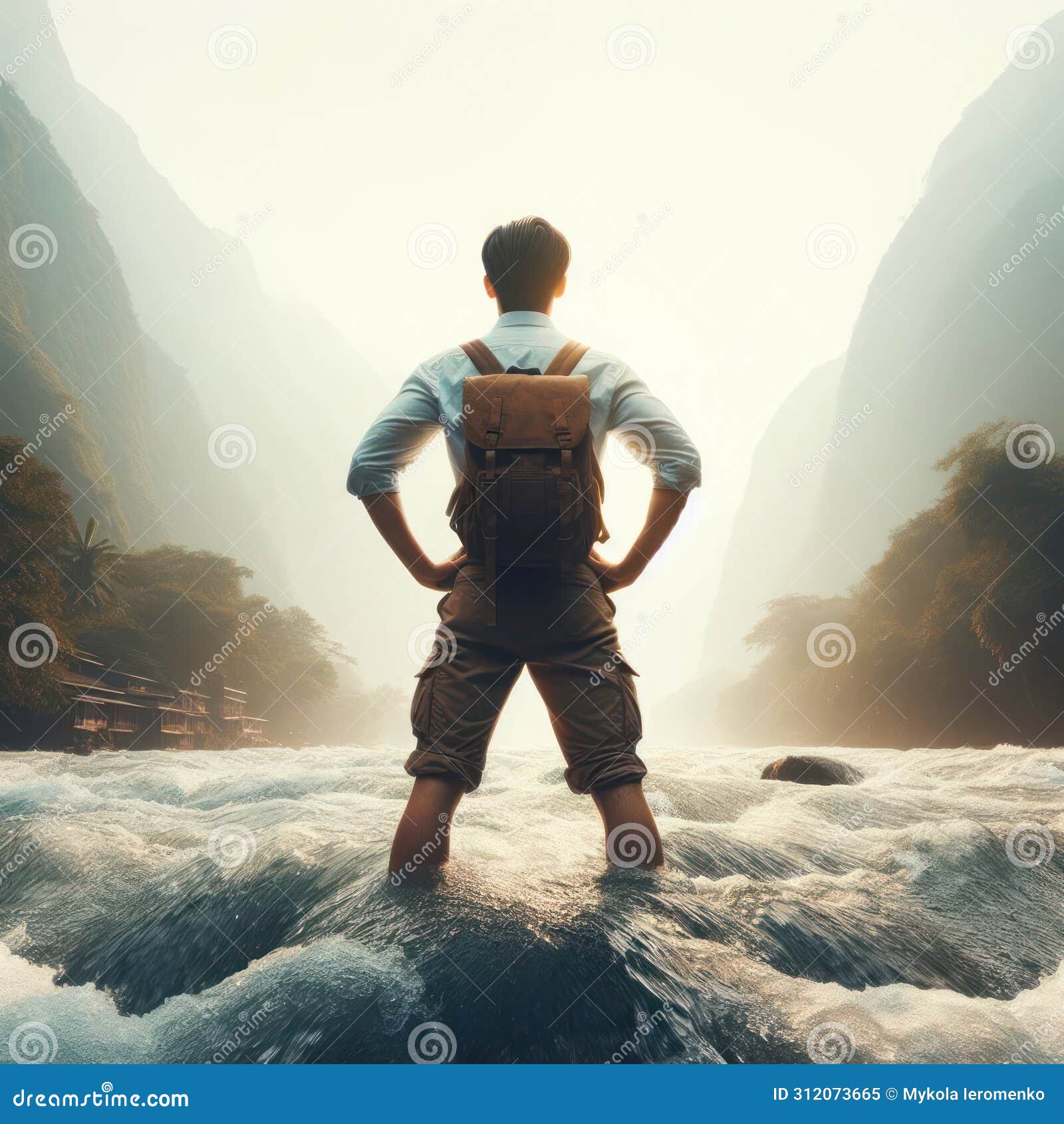 A Man Standing Knee-deep in a Flowing River. Stock Image - Image of ...