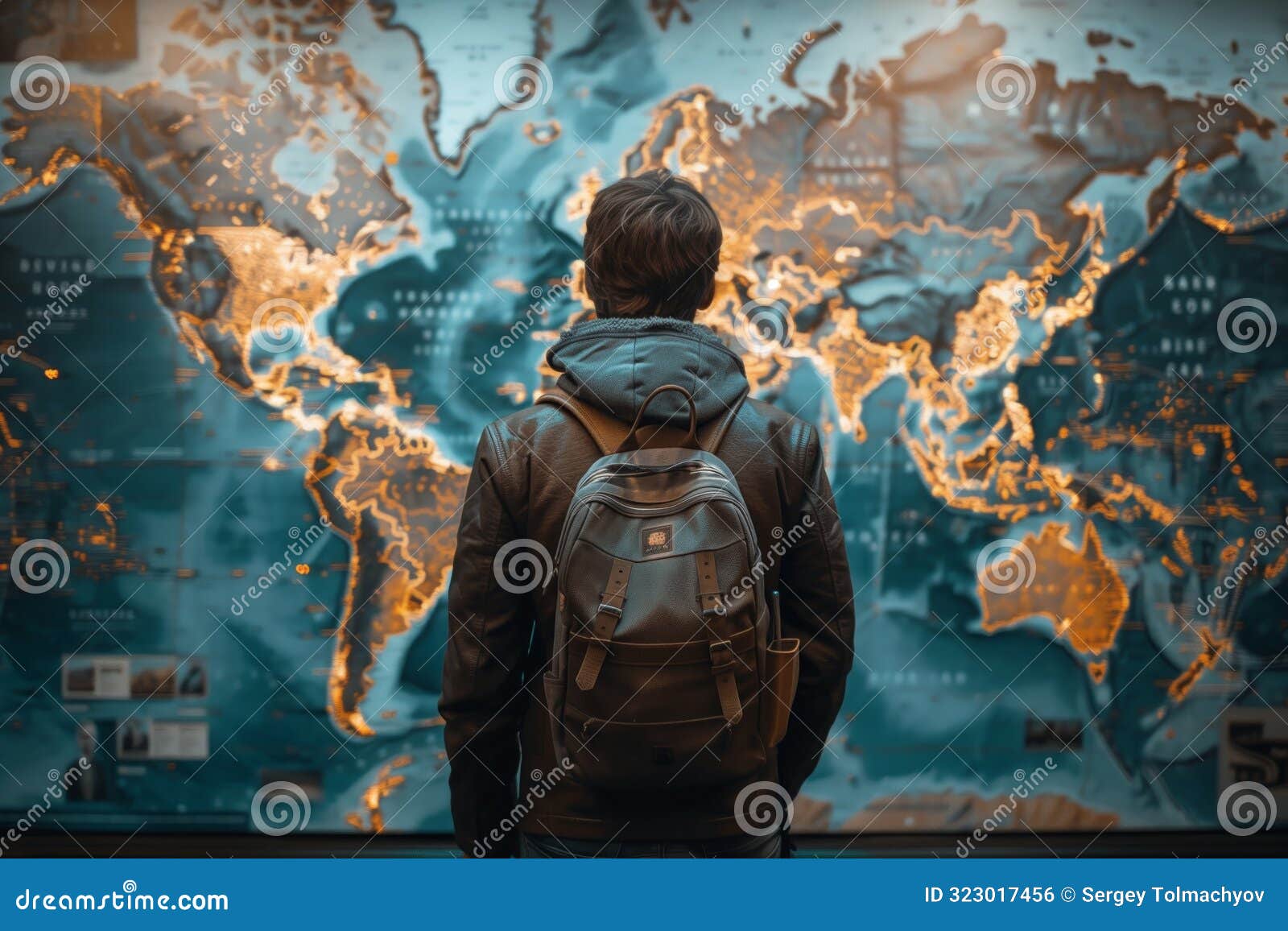 Man Standing before Large World Map with Backpack Stock Photo - Image ...