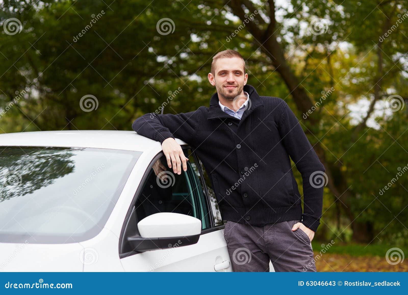 Man Standing Leaning on Car Stock Image - Image of portrait, happy ...