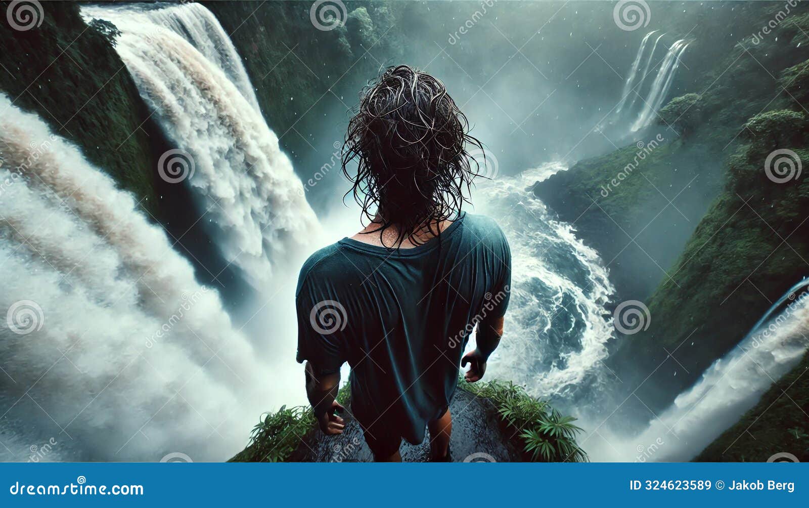 A Man is Standing on a Ledge Above a Waterfall Stock Image - Image of ...