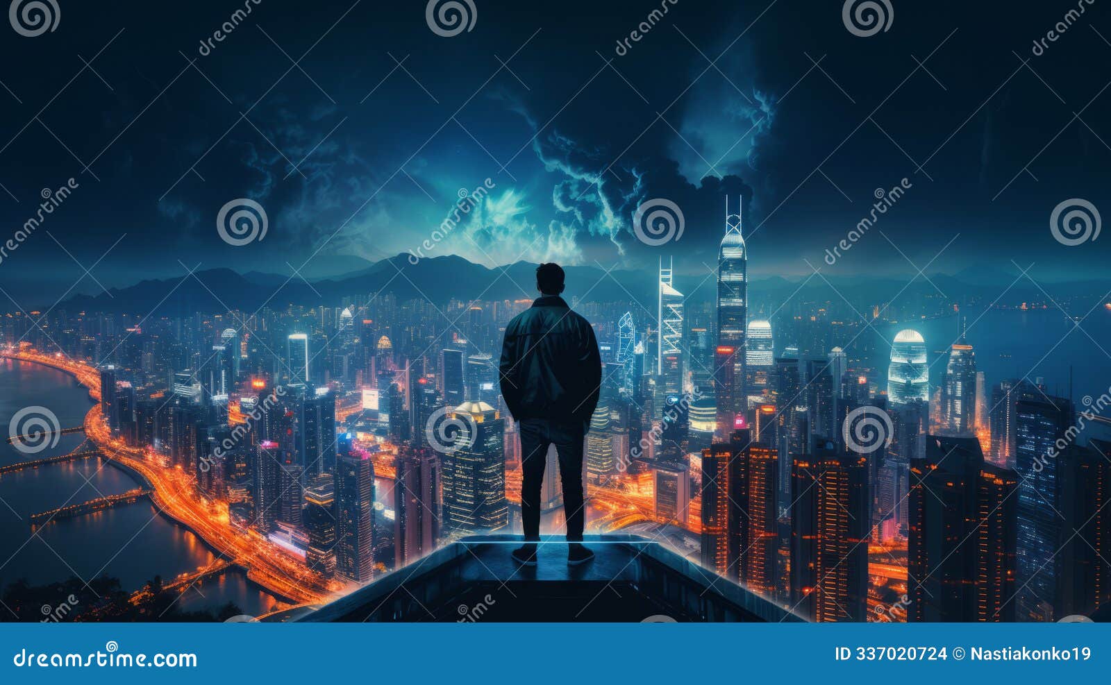 A Man Standing on a Ledge Overlooking a City at Night Stock Photo ...