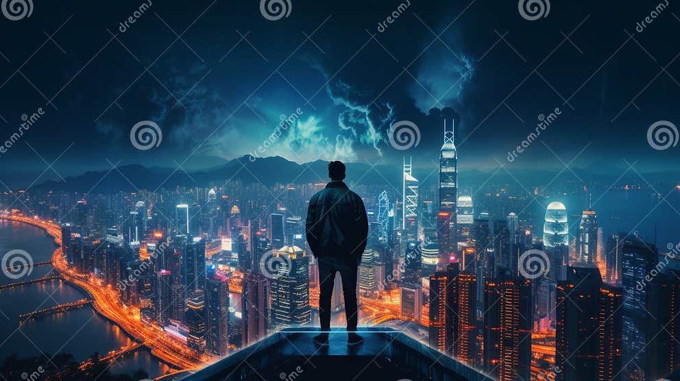 A Man Standing on a Ledge Overlooking a City at Night Stock Photo ...