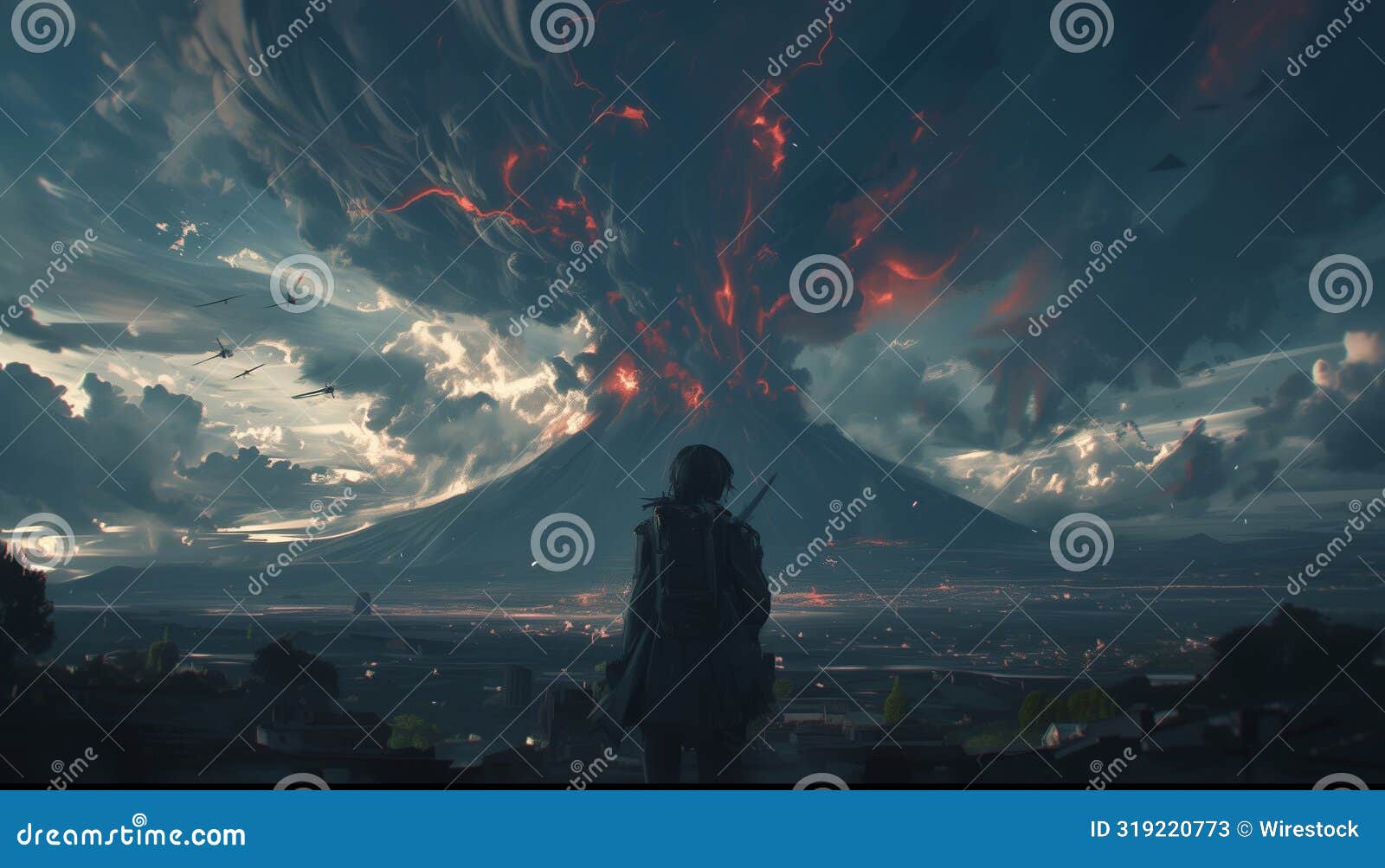 Man Standing by a Massive Volcano Under a Threatening Sky, AI-generated ...