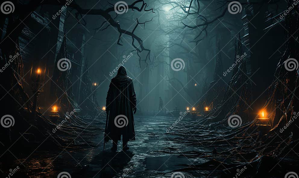 Man Standing in Dark Forest Stock Photo - Image of timeworn, branches ...