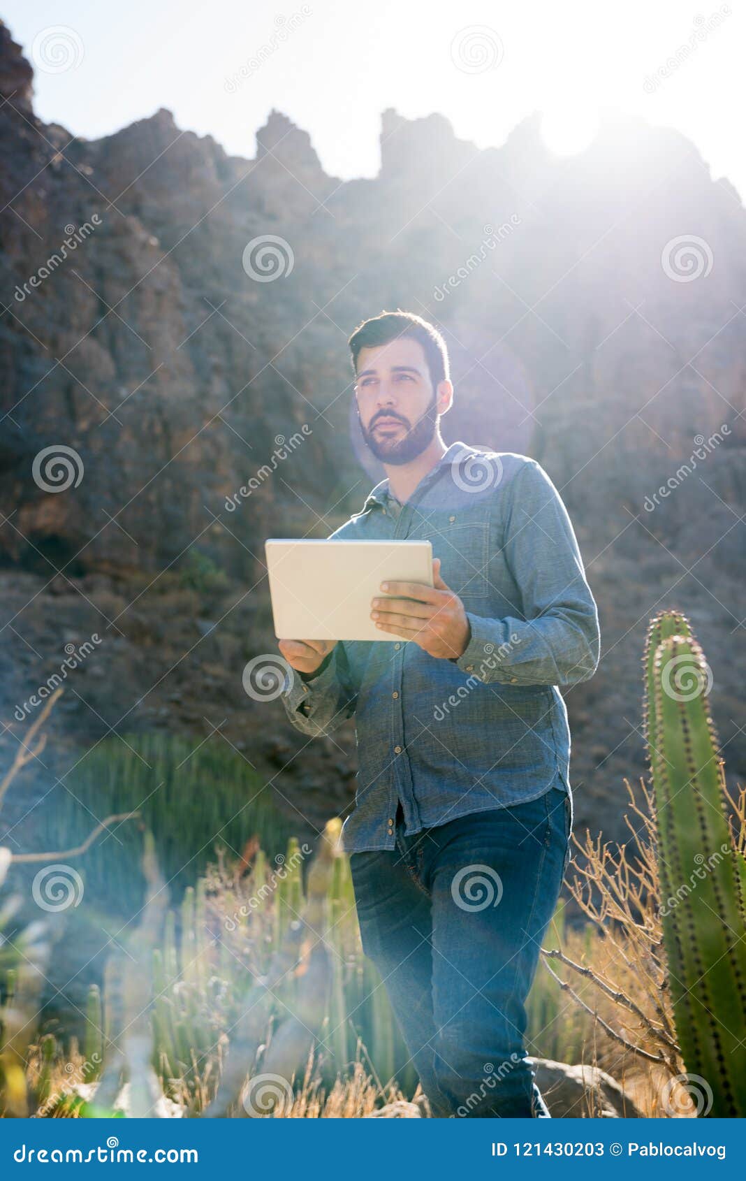 Man Standing on a Mountain Path Looking Ahead Stock Image - Image of ...