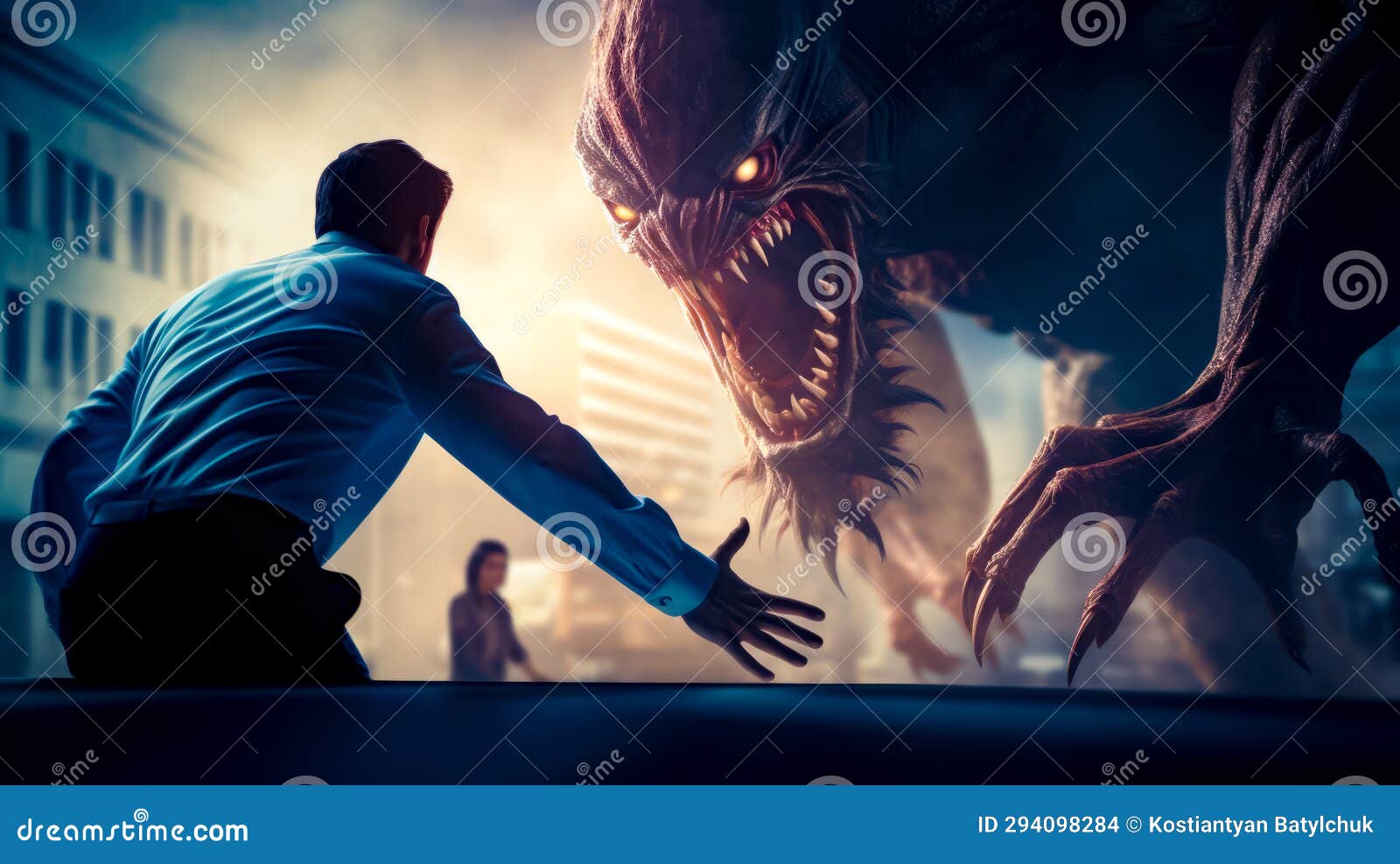 Man Standing Next To Giant Monster in Front of Man in Suit. Generative ...
