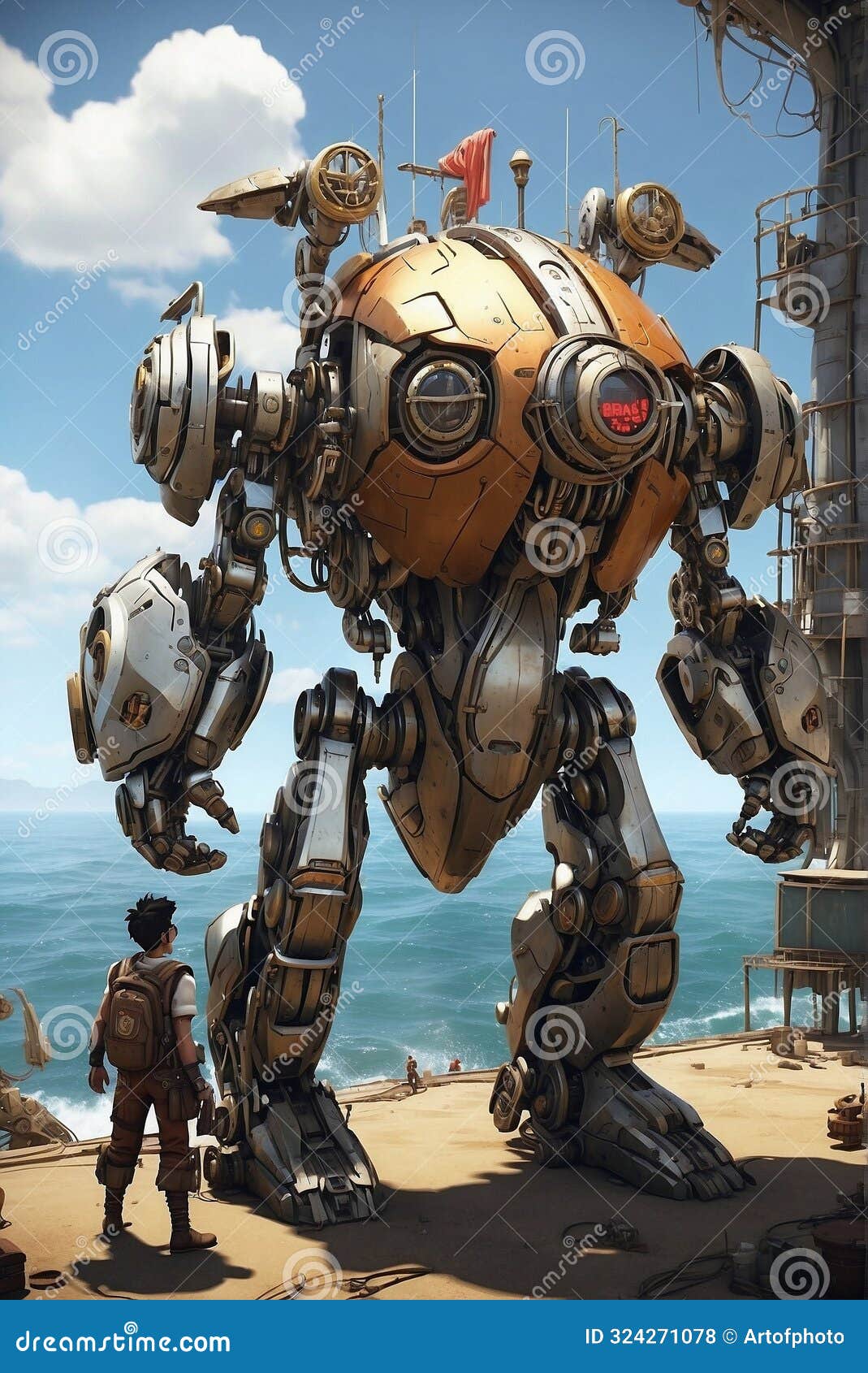 A Man Standing Next To a Giant Robot. Generative AI. Stock Illustration ...