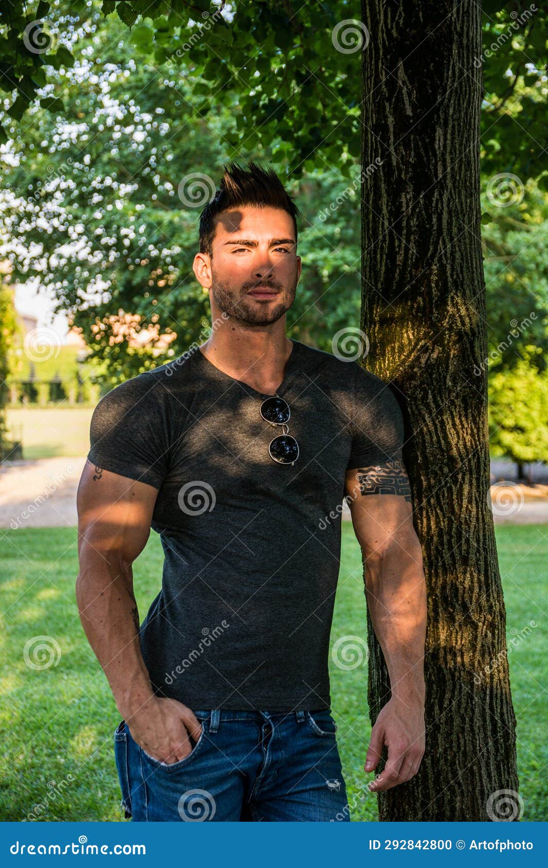 Photo of a Man Standing Next To a Tree in a Park Stock Photo - Image of ...