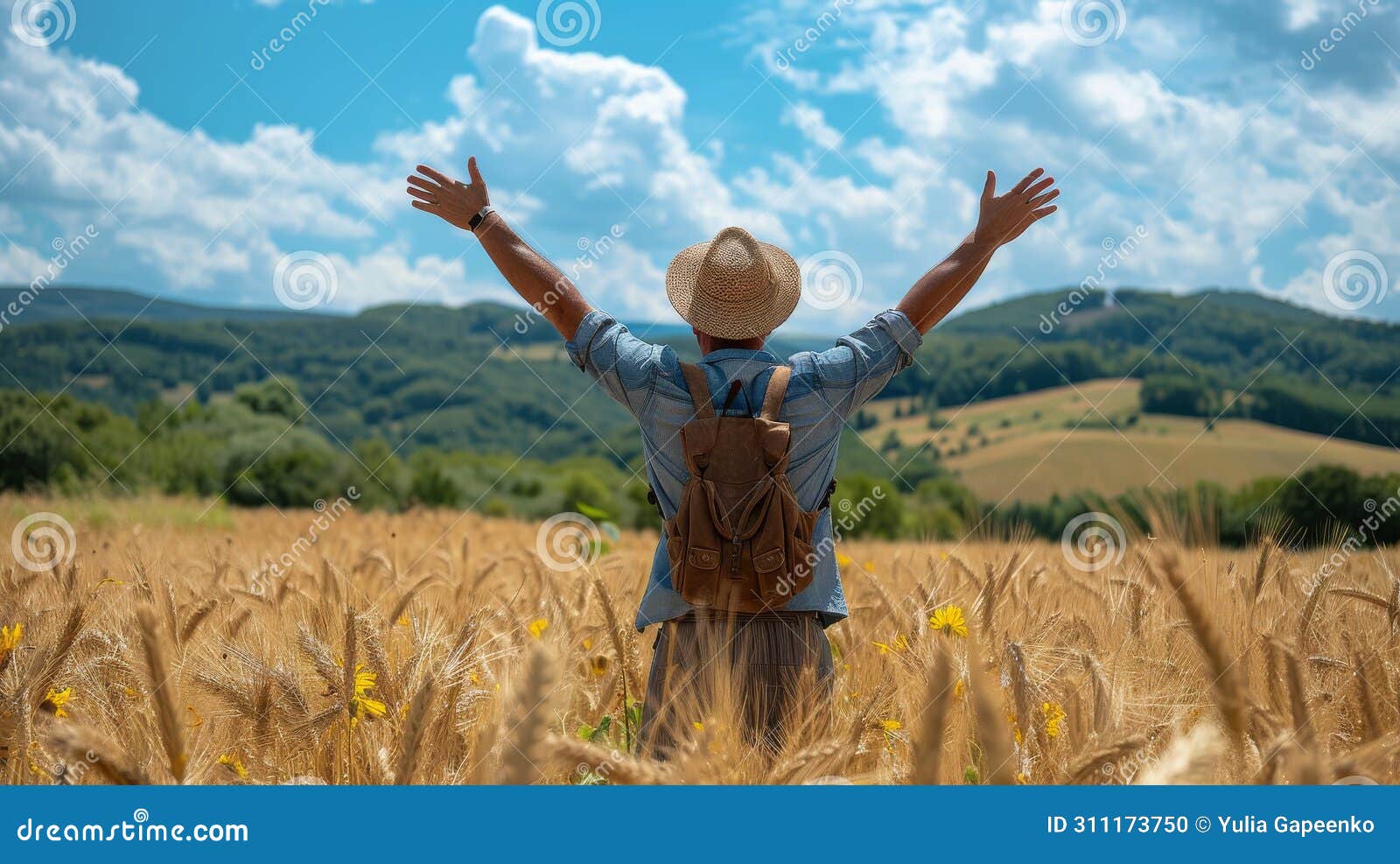 Man Standing in Field with Hands Up Stock Illustration - Illustration ...
