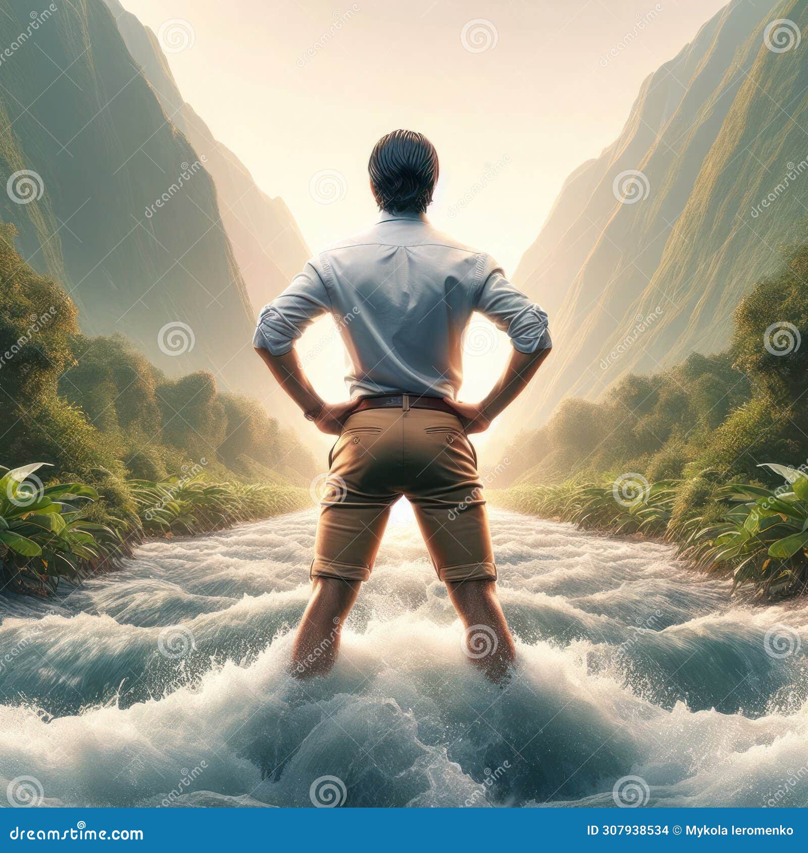A Man Standing in the Path of a Flowing River. Stock Illustration ...
