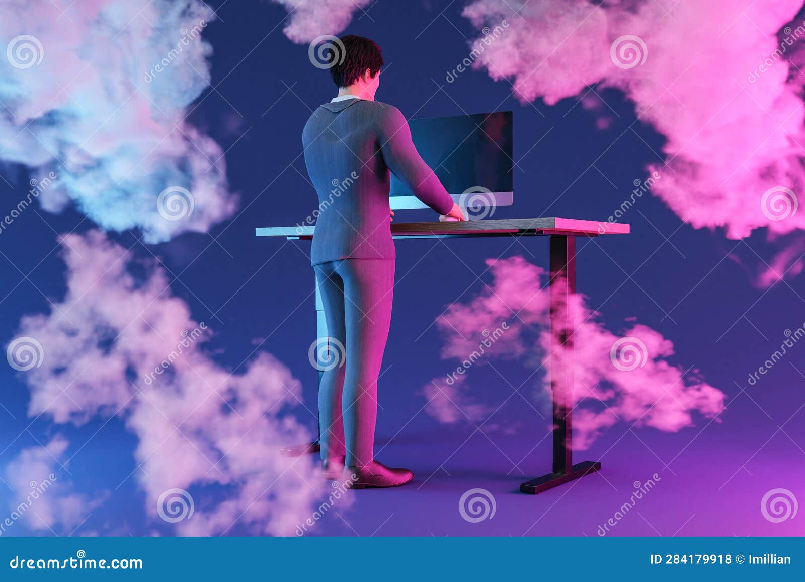 Man Standing at Pc Office Workplace Isolated Infinite Background ...