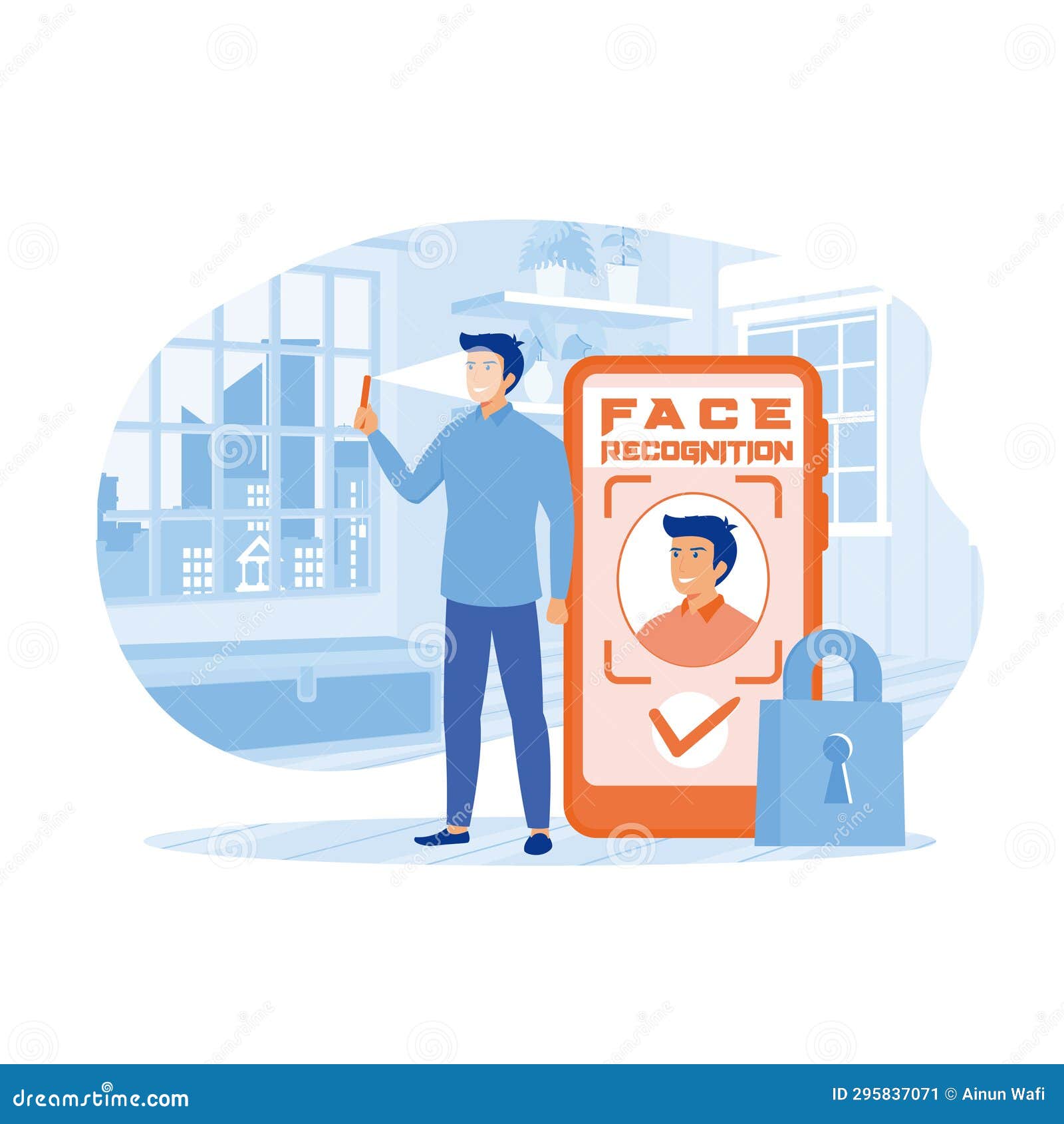 Man Standing with a Phone, Identifies a Face. Concept of Facial ...