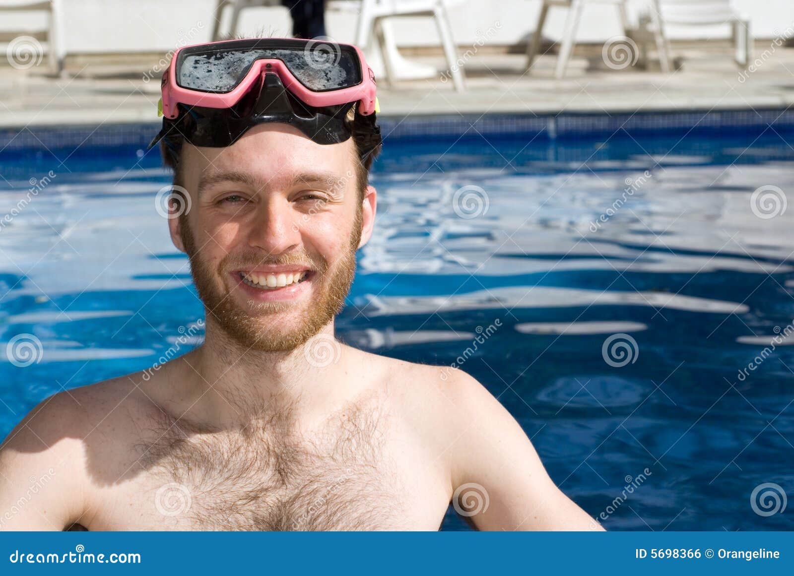 Man Standing in Pool Wearing Goggles - Horizontal Stock Photo - Image ...