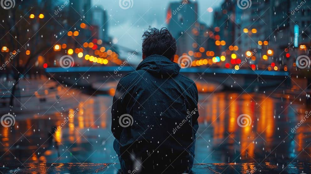A Man Standing in the Rain in Front of a Bridge Stock Photo - Image of ...