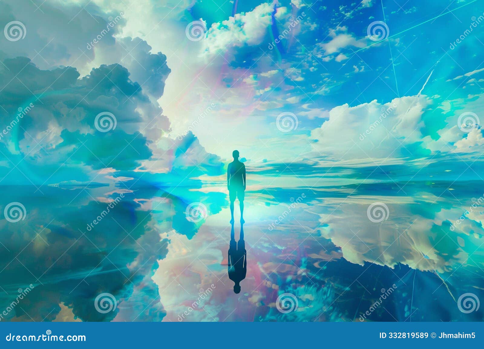 A Man Standing on a Reflective Water Surface His Body Transforming into ...