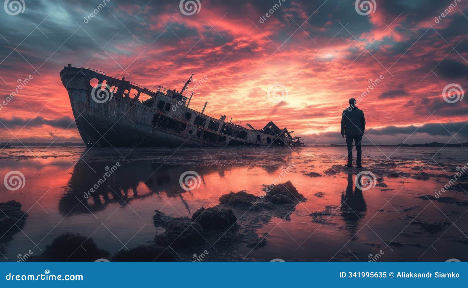 Man Standing in River Near Wrecked Ship Under Surreal Sky Stock ...