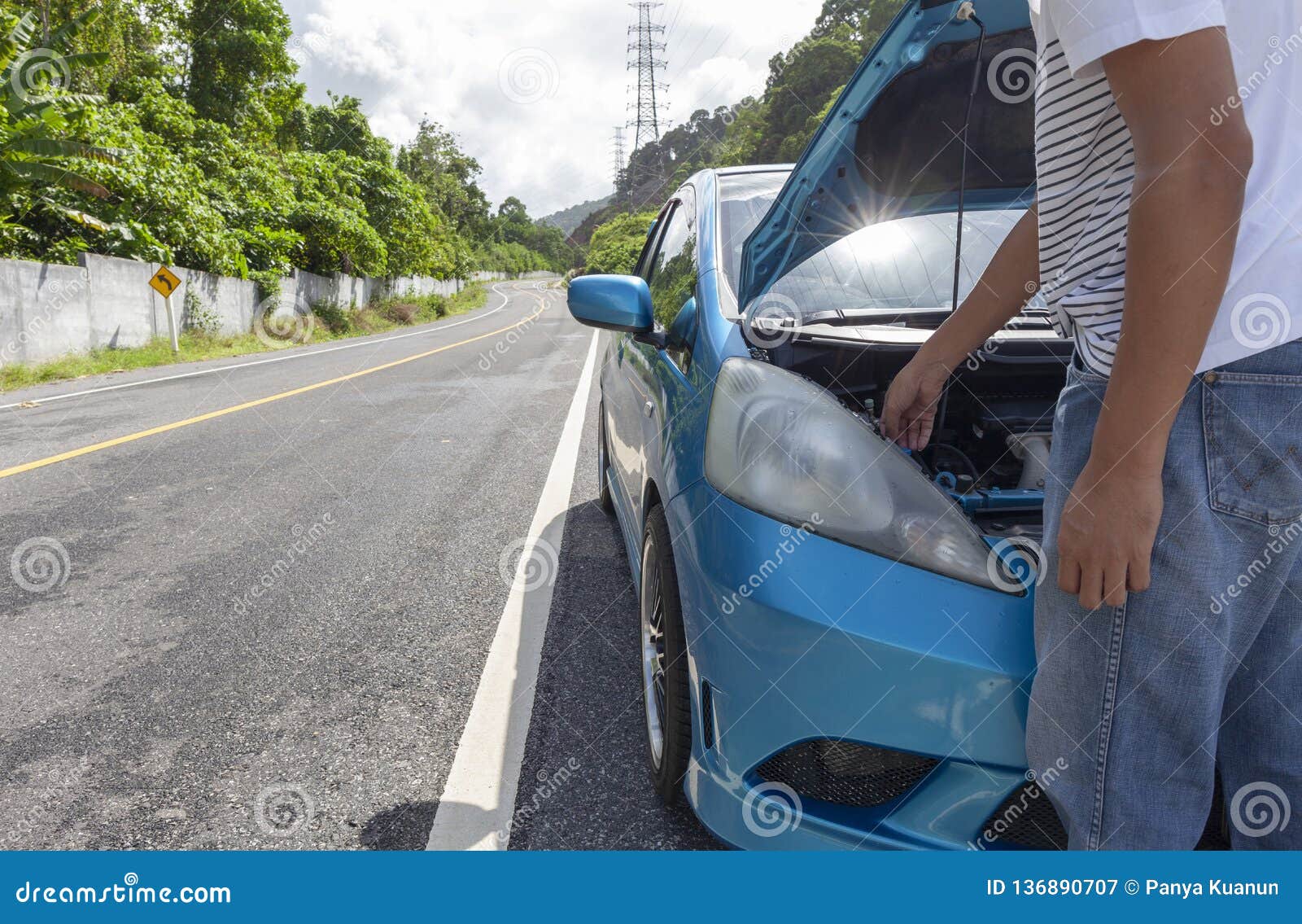 Man Standing on the Road with Engine Malfunction Car in the Middle of ...