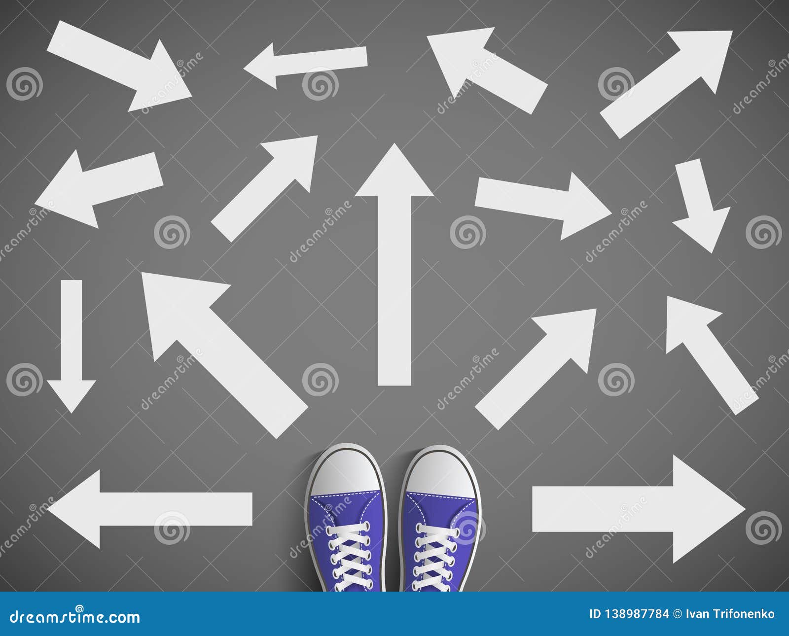 Man Standing on the Road with Many Arrows. Direction of Way Stock ...