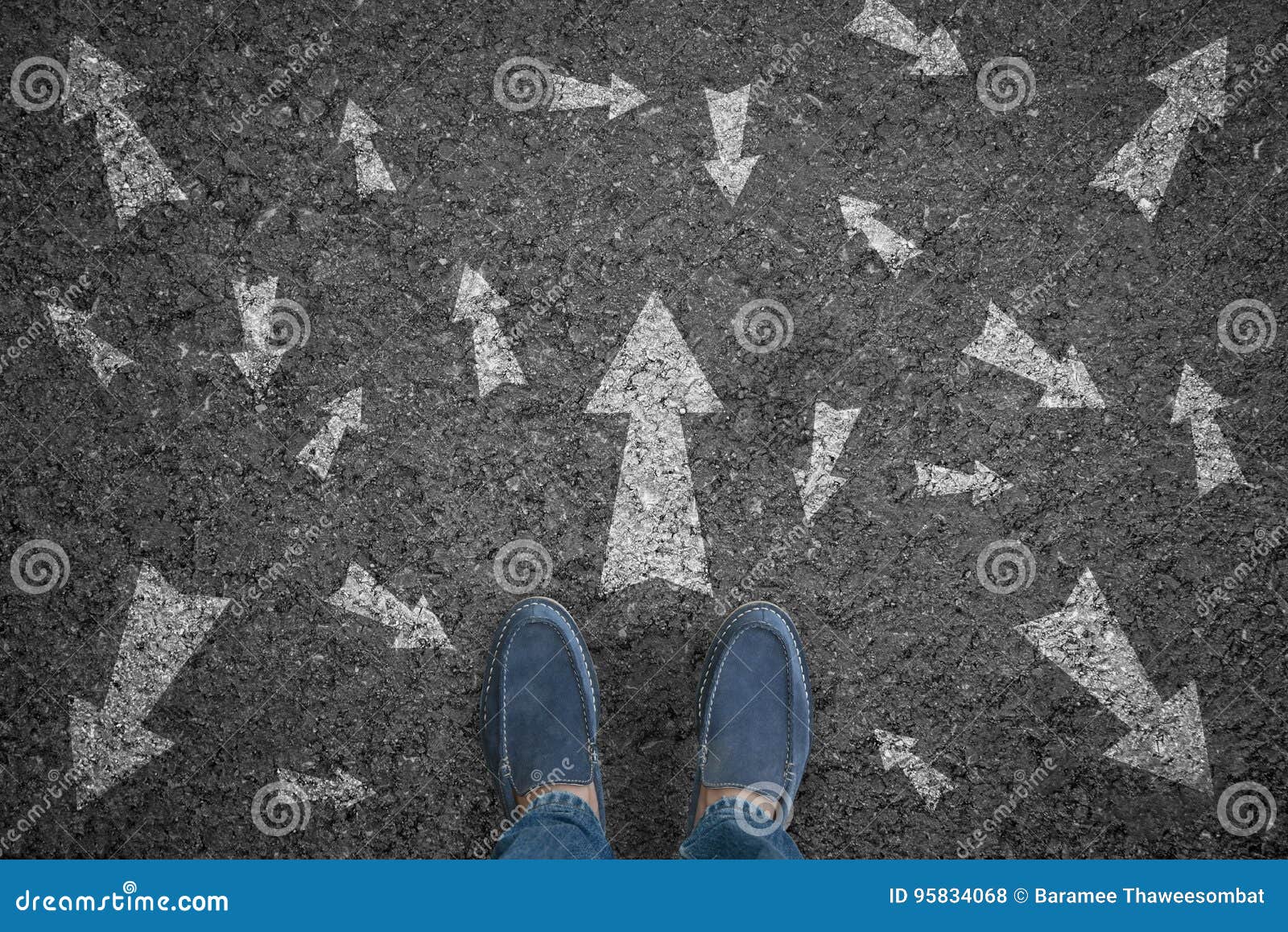 Man Standing on Road with Many Direction Arrow Choices or Move Stock ...