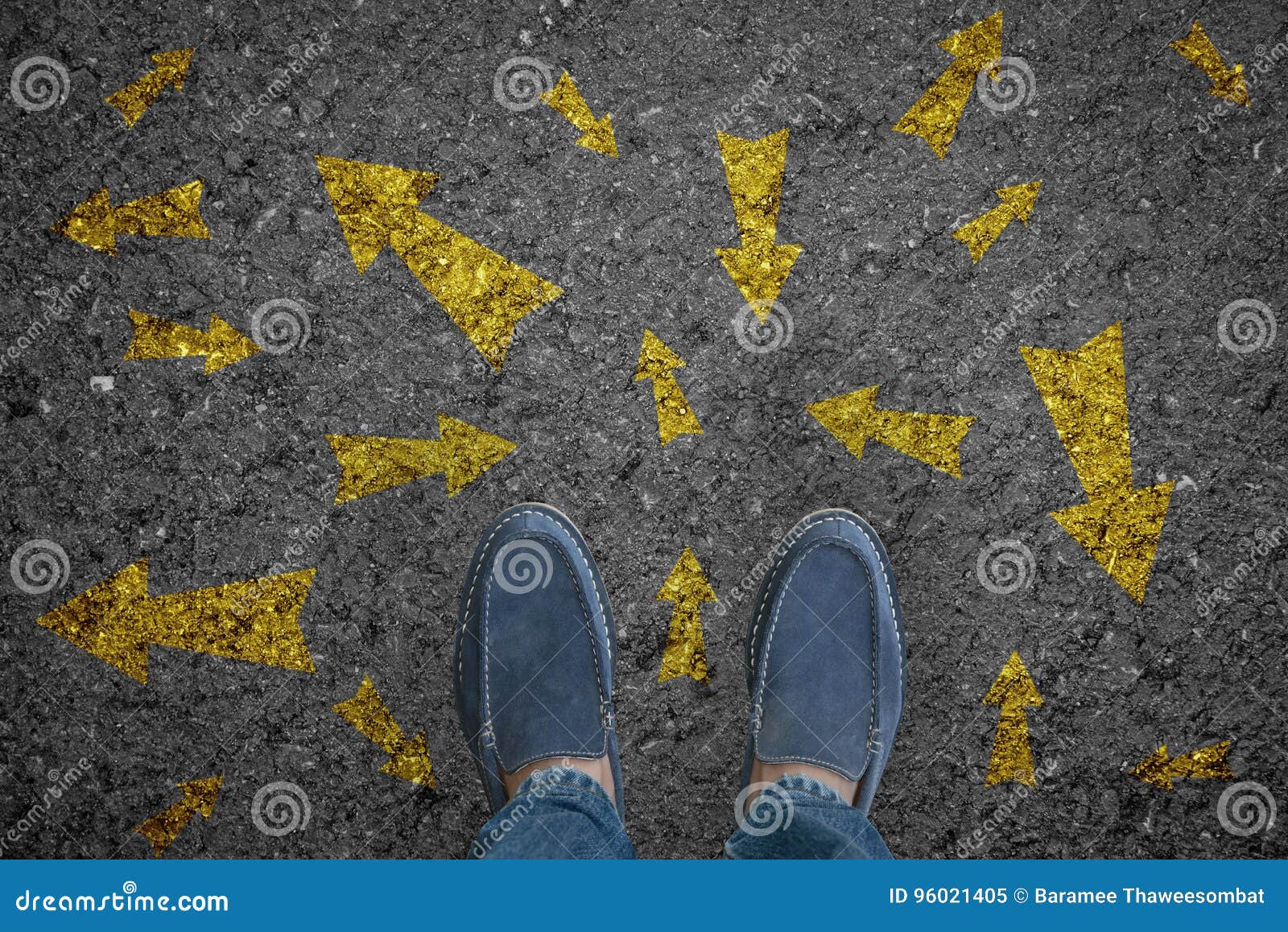 Man Standing on Road with Many Direction Arrow Choices or Move Stock ...