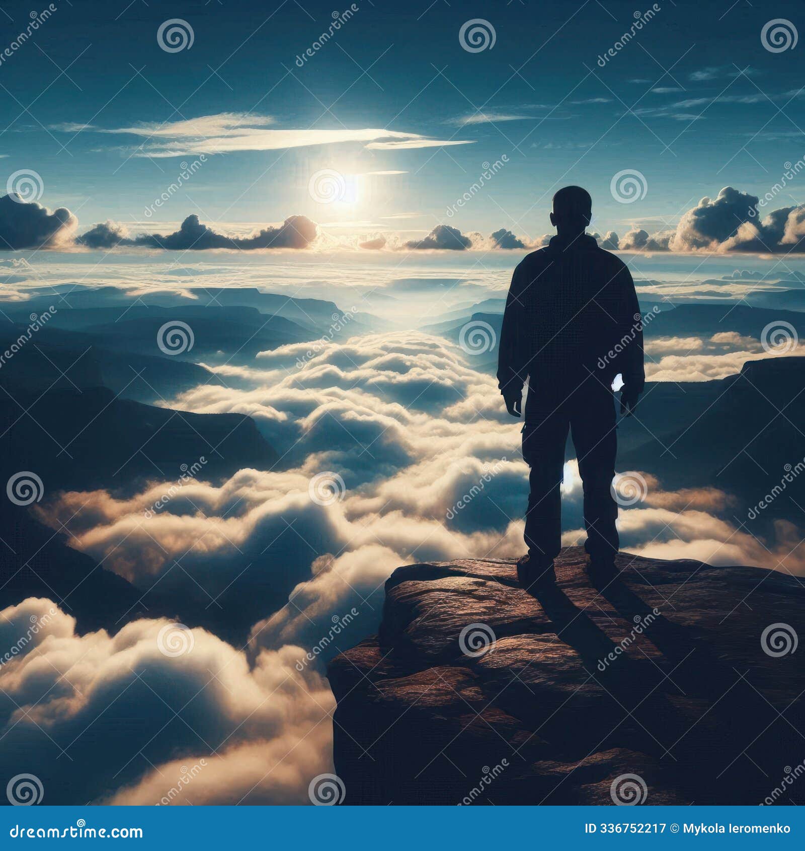 A Man is Standing on a Rock, Looking at the Clouds Below. Stock Image ...
