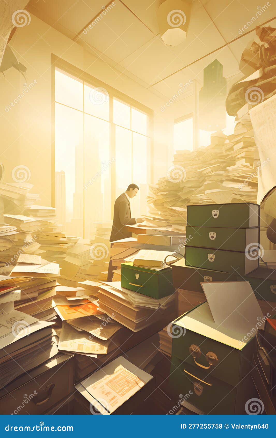 Man Standing in Room Filled with Stacks of Papers Next To Window ...
