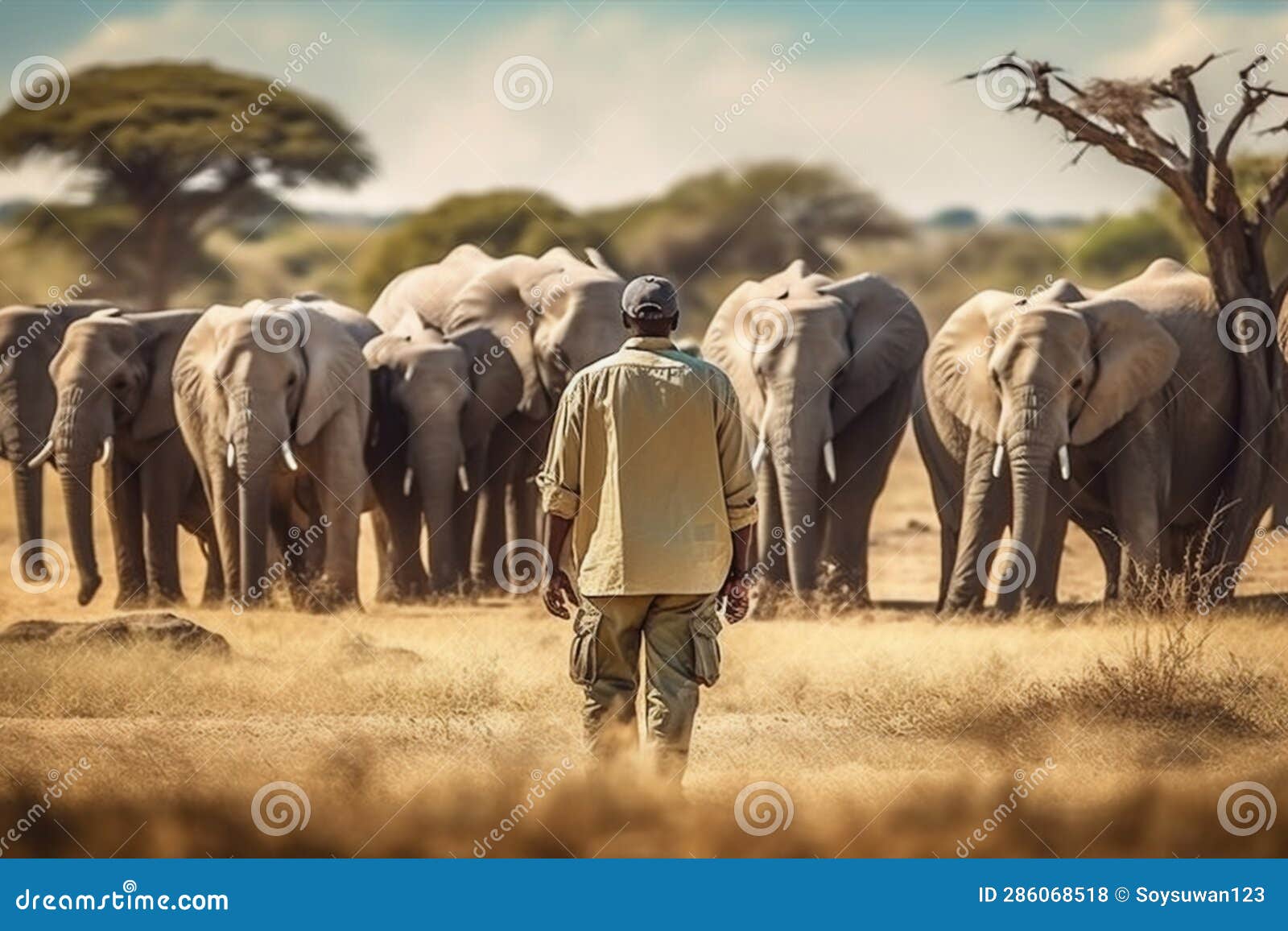A Man Standing in Savannah and Looking at Group of Elephants Generative ...