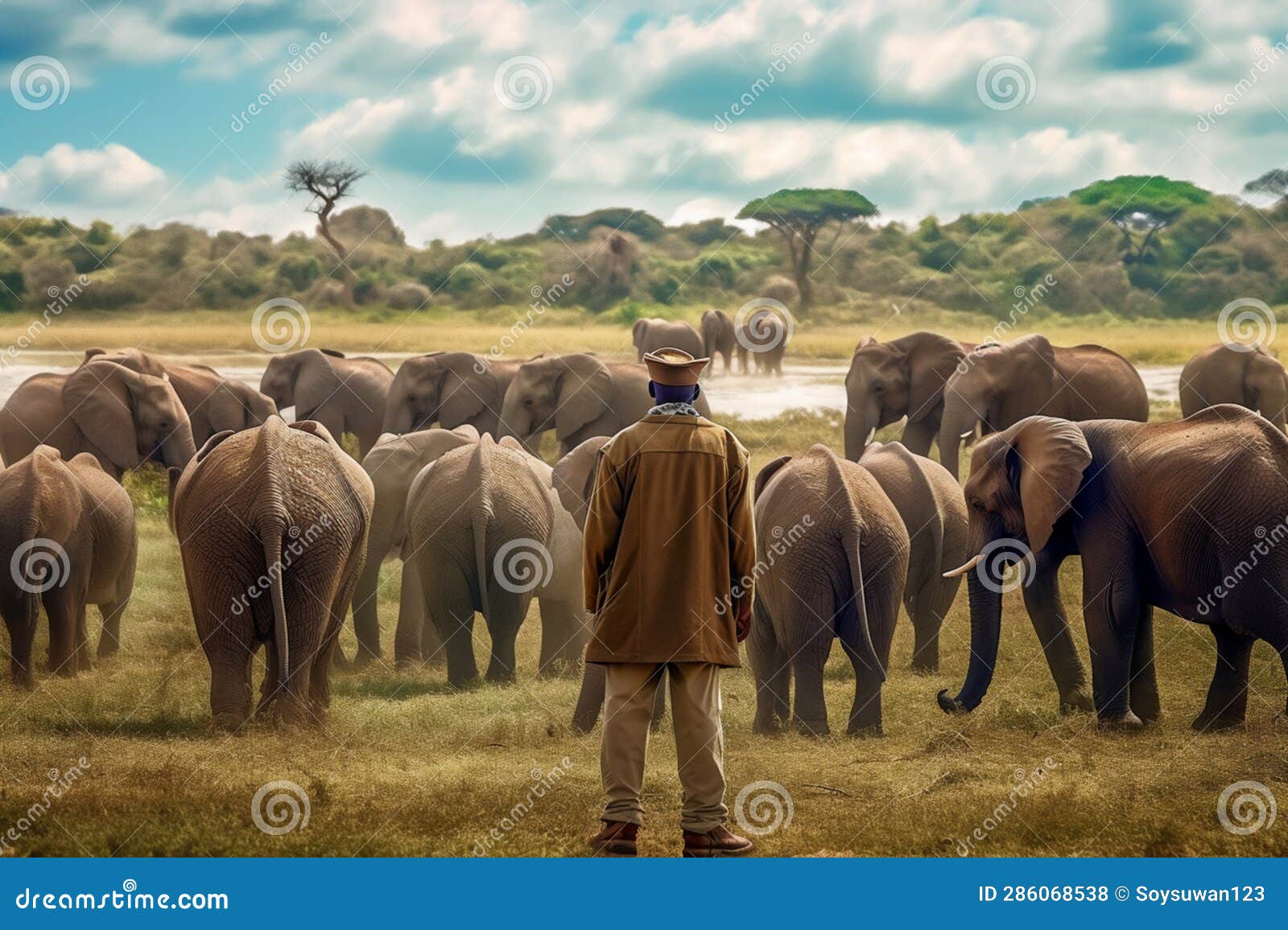 A Man Standing in Savannah and Looking at Group of Elephants Generative ...