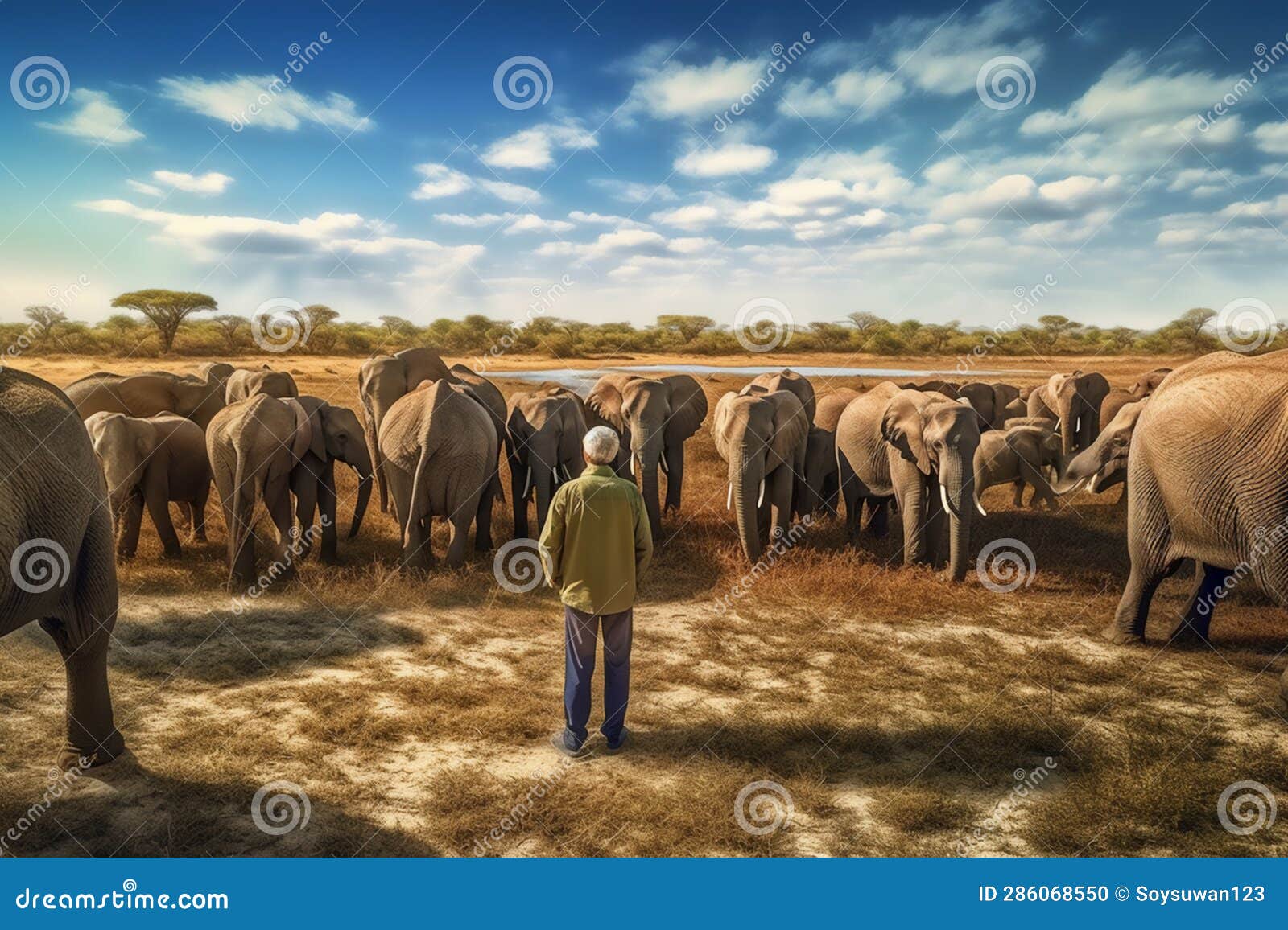 A Man Standing in Savannah and Looking at Group of Elephants Generative ...