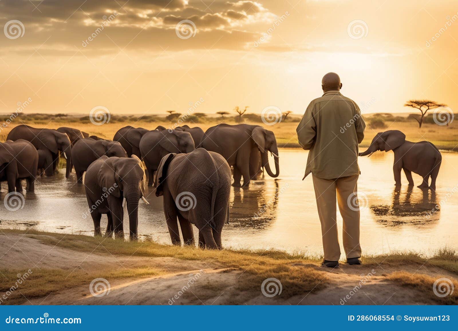 A Man Standing in Savannah and Looking at Group of Elephants Generative ...