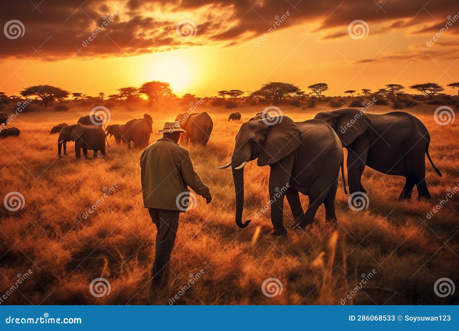 A Man Standing in Savannah and Looking at Group of Elephants Generative ...