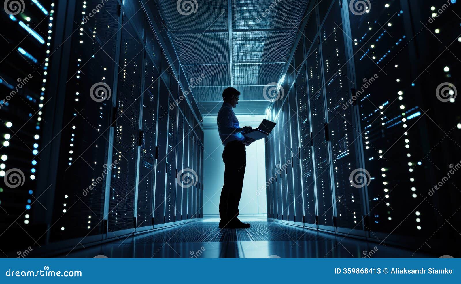 A Man Standing in a Server Room with a Laptop Stock Illustration ...