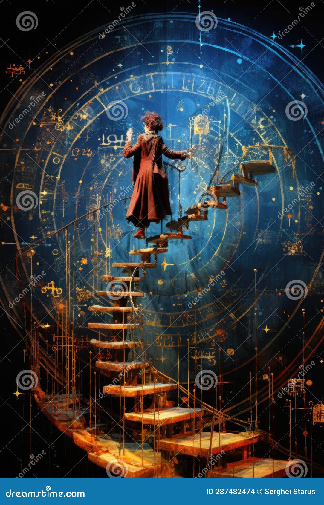 A Man Standing on a Set of Stairs in Front of a Clock. Generative AI ...