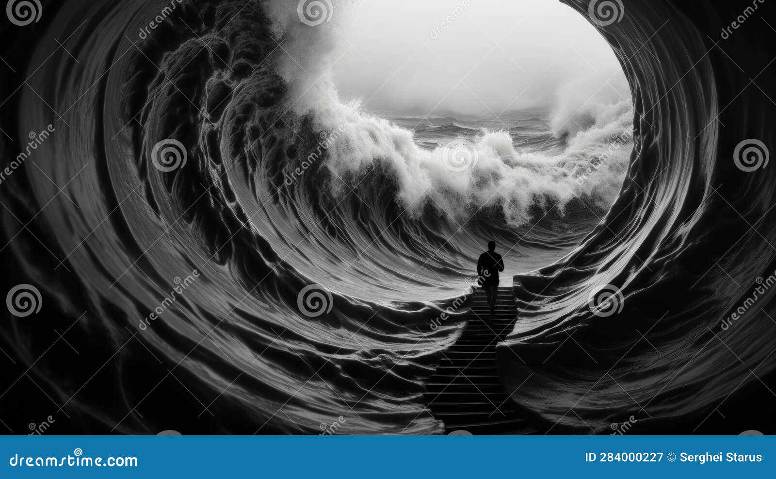 A Man Standing on a Set of Stairs in Front of a Huge Wave. Generative ...