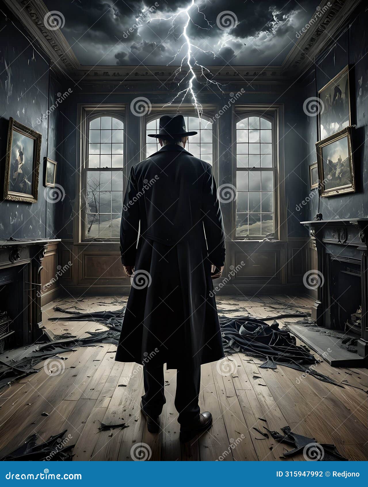 Man Standing in Spooky Old House during Lightning Strike Stock ...