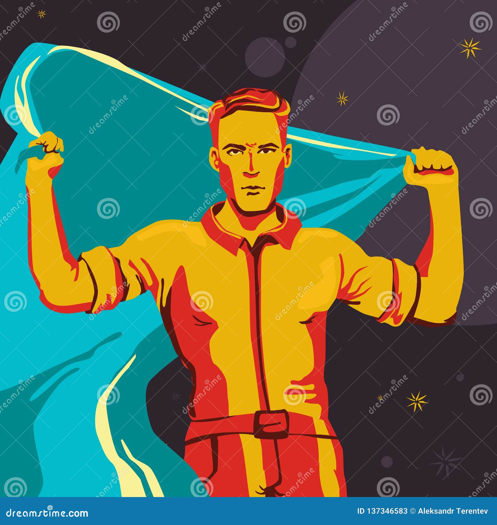 A Man Standing Straight with a Large Developing Flag. Communism ...