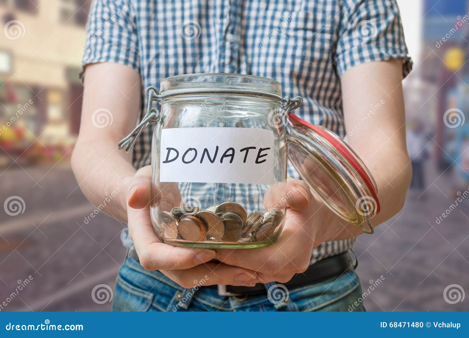Man Standing on Street is Collecting Donations in Jar Stock Photo ...
