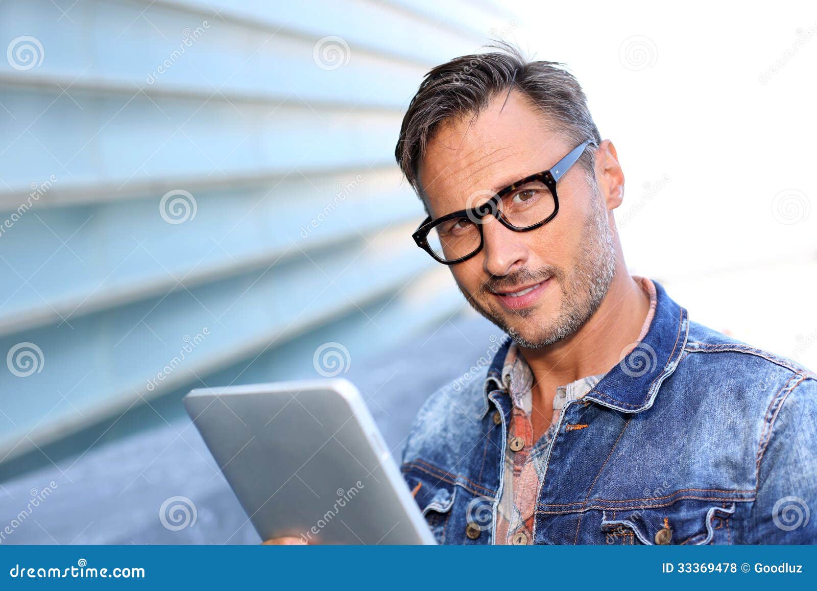 Man Standing in Street with Tablet Stock Photo - Image of people ...