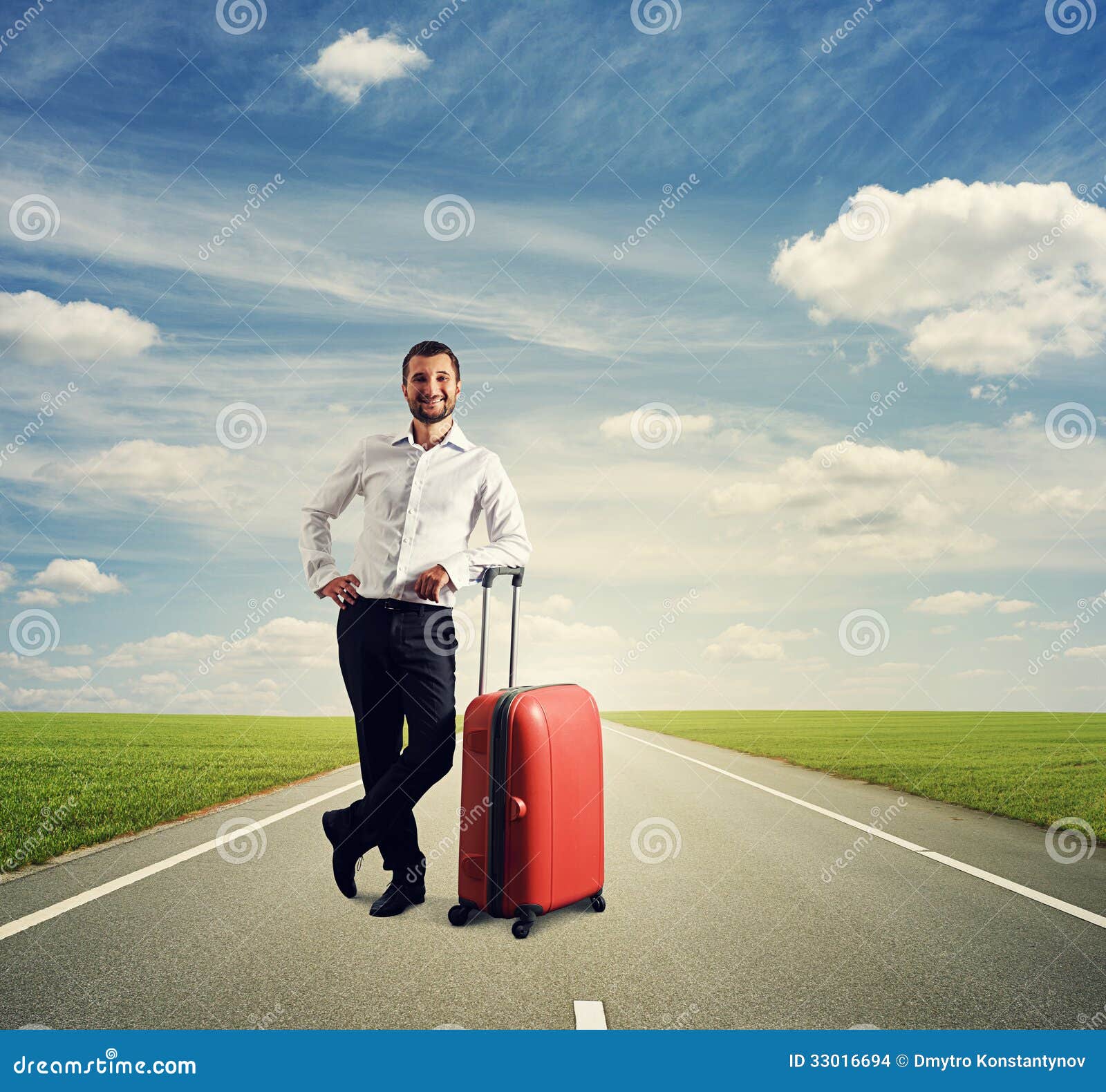 Man Standing with Suitcase on the Road Stock Photo - Image of happy ...