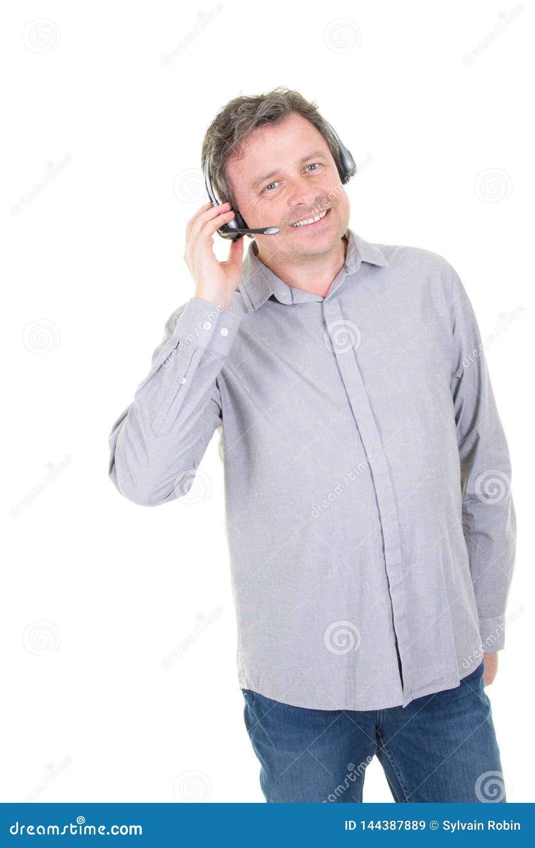 Man Standing Talking on Headset for Help Support Call Center Stock ...